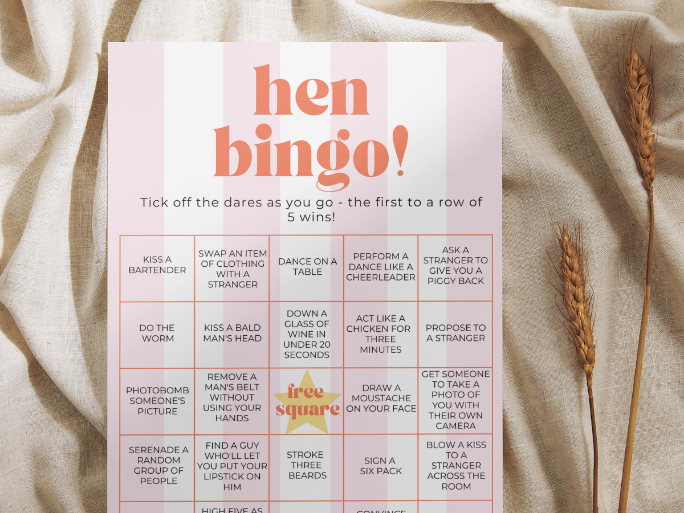 Hen Bingo Hen Party Game Pink Candy Stripe Theme Hens Bachelorette ...