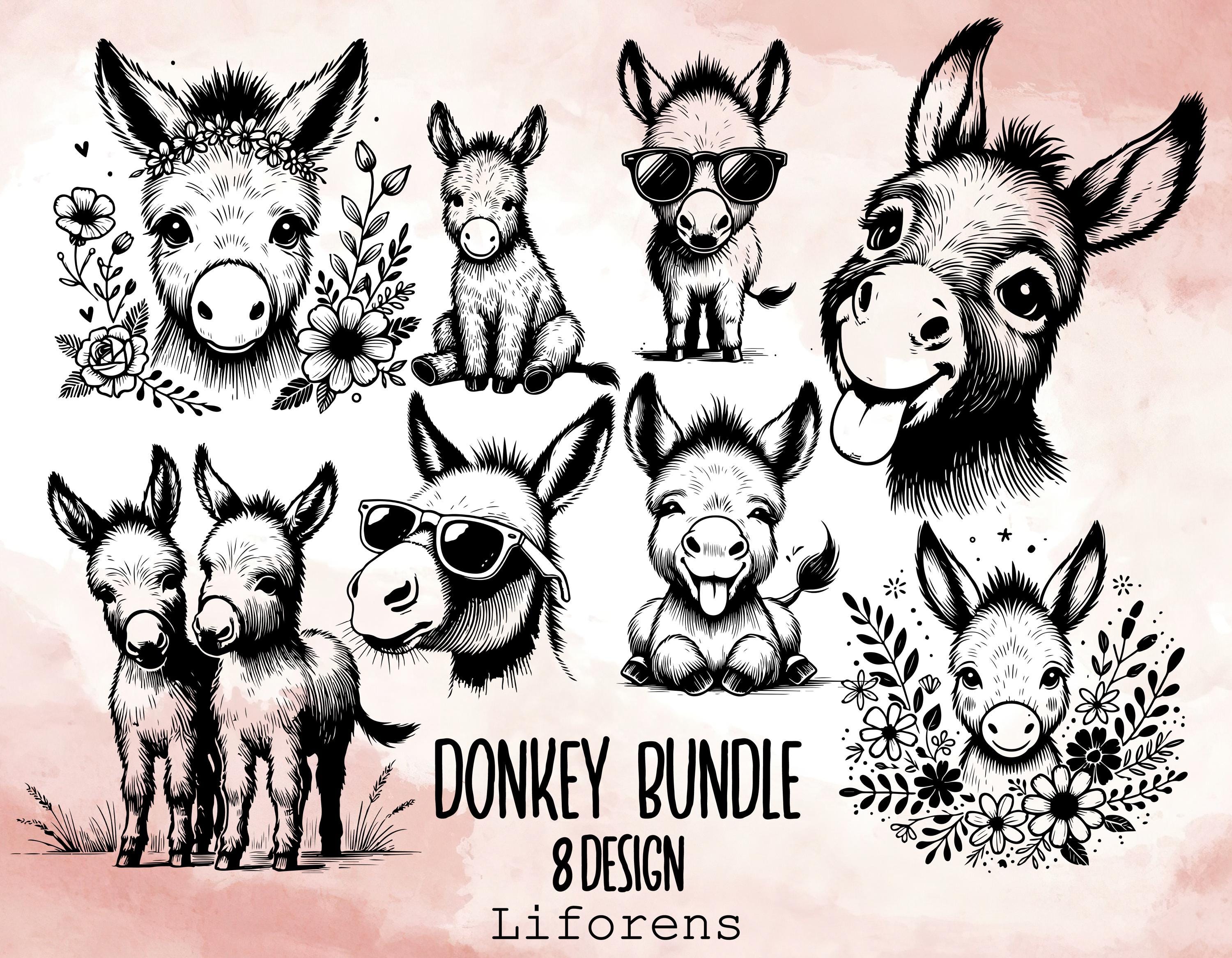 Donkey Bundle Svg Png, Donkeys Face Silhouette, Farm Animals Template ...
