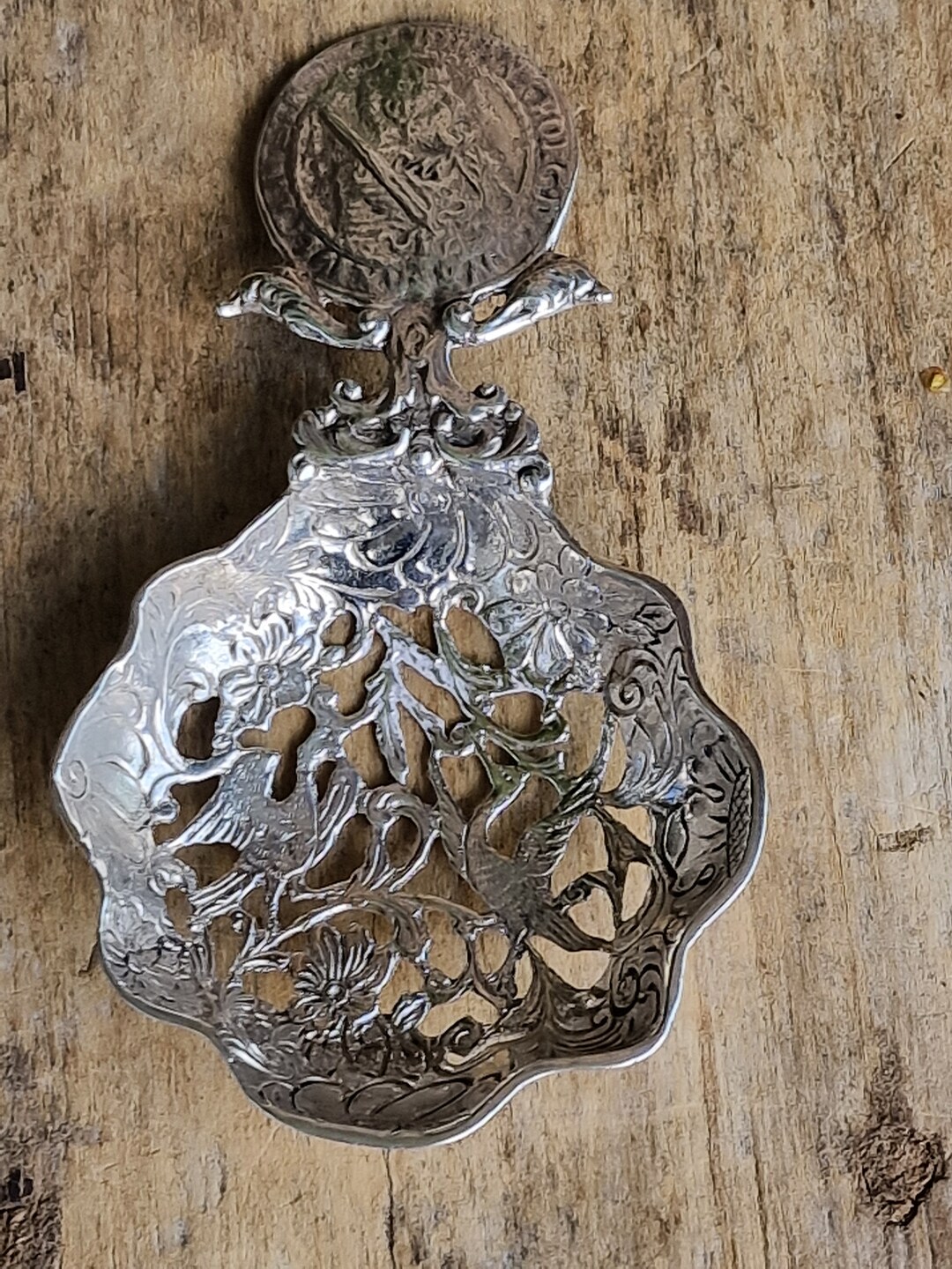 Antique Dutch Silver Pierced Bon Bon Spoon Bird & Flower Coin Handle 37 ...