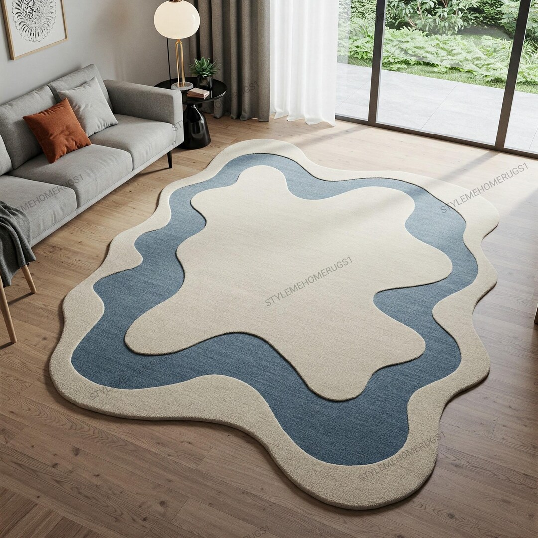 Light Beige Blue Abstract Hand Tufted Irregular Rugs, Organic Shaped ...
