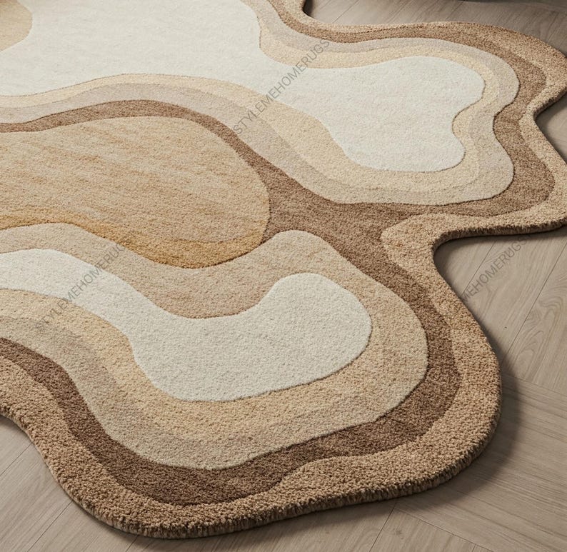 Neutral Beige Brown Abstract Irregular Hand Tufted Rugs for Living Room ...