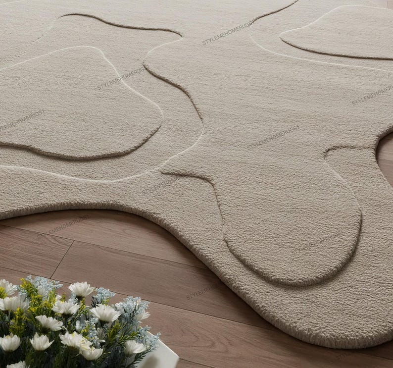 Muted Beige Wavy Irregular Organic Shaped Hand Tufted Wool Rugs for ...