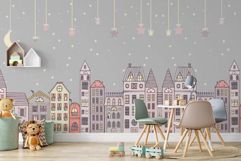 Kids Wallpaper Cute City House Wallpaper Peel and Stick Nursery Wall ...