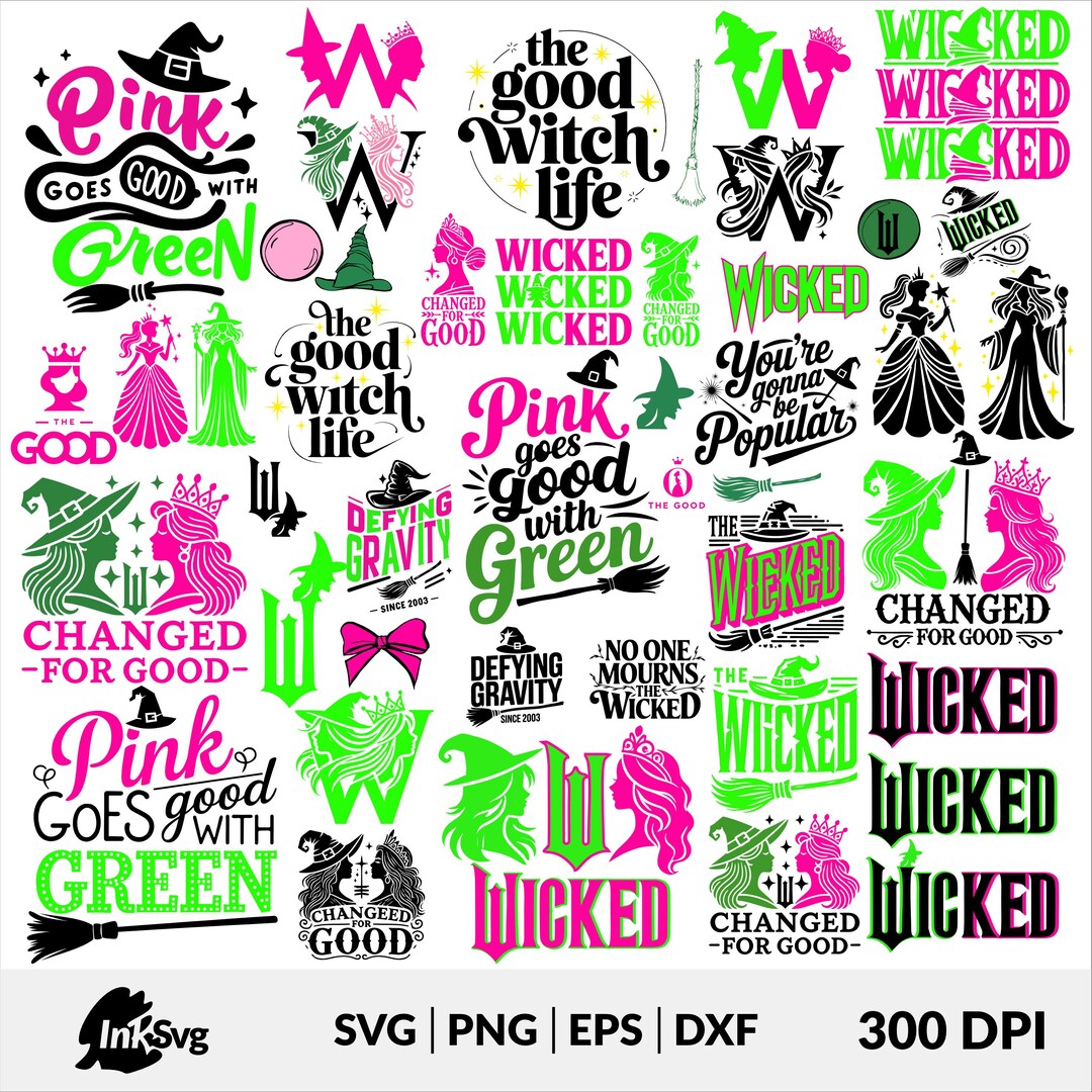 Wicked Glitter SVG Bundle: Pink & Green Witch Clipart (digital Files ...