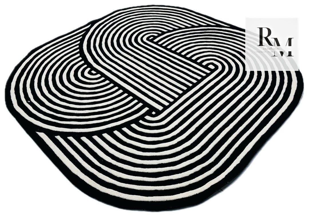 BLACK WHITE Square Rug, Illusion Round Rug, Hand-tufted 100% Wool ...
