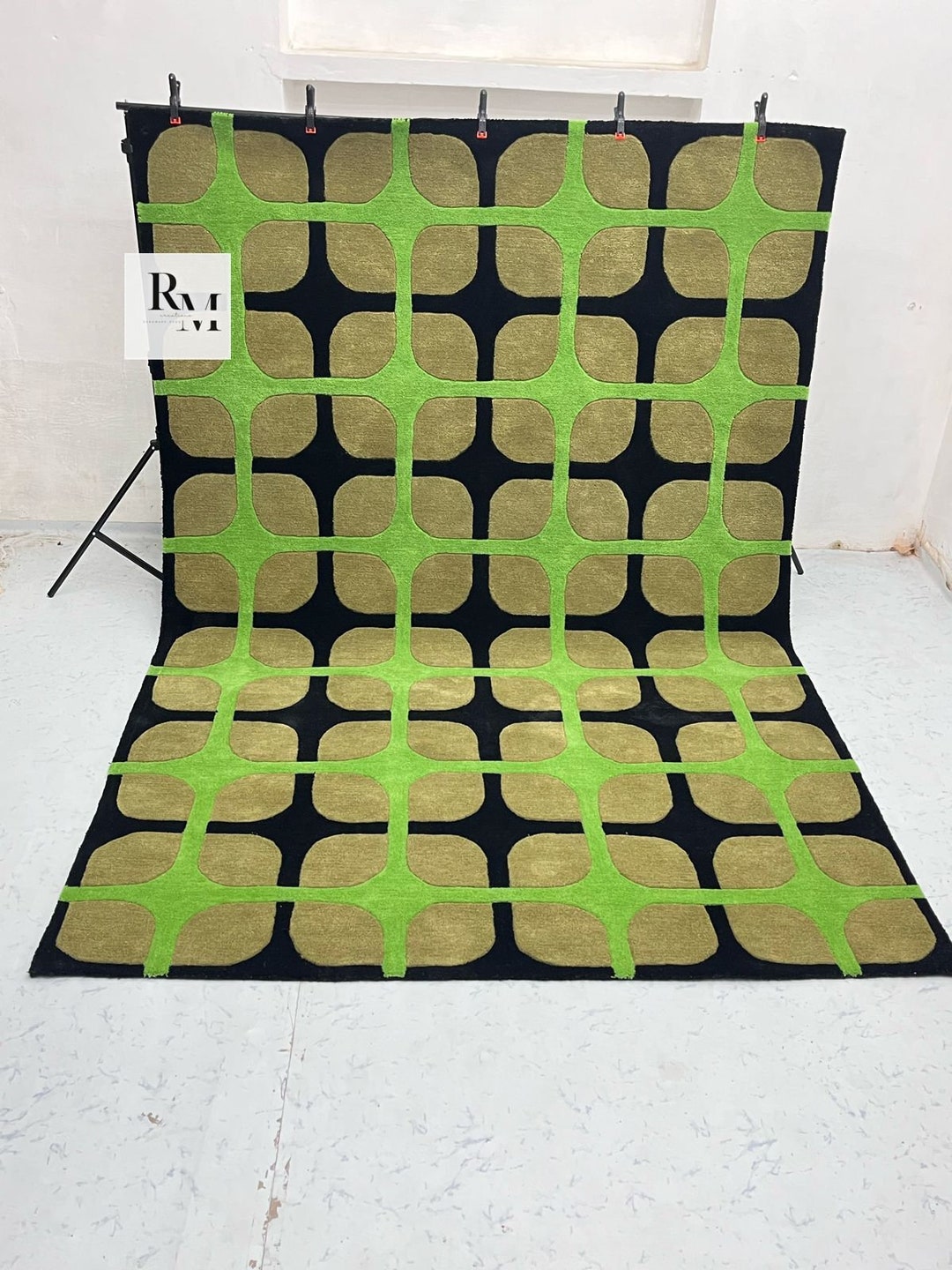 GREEN RUG, Green and Black Rug, Modern Hand-tufted 100% Wool Handmade ...