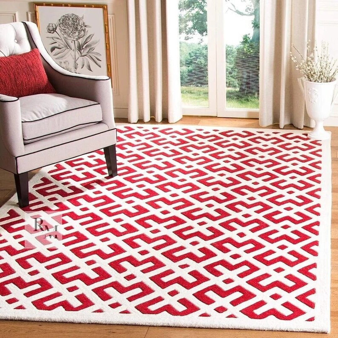 Modern Red White Rug Handmade Area Rug Modern Design Bedroom Rug Custom ...
