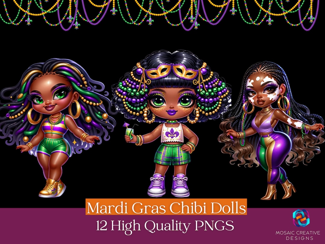 12 African American Chibi Mardi Gras Dolls Bundle for T-shirts ...
