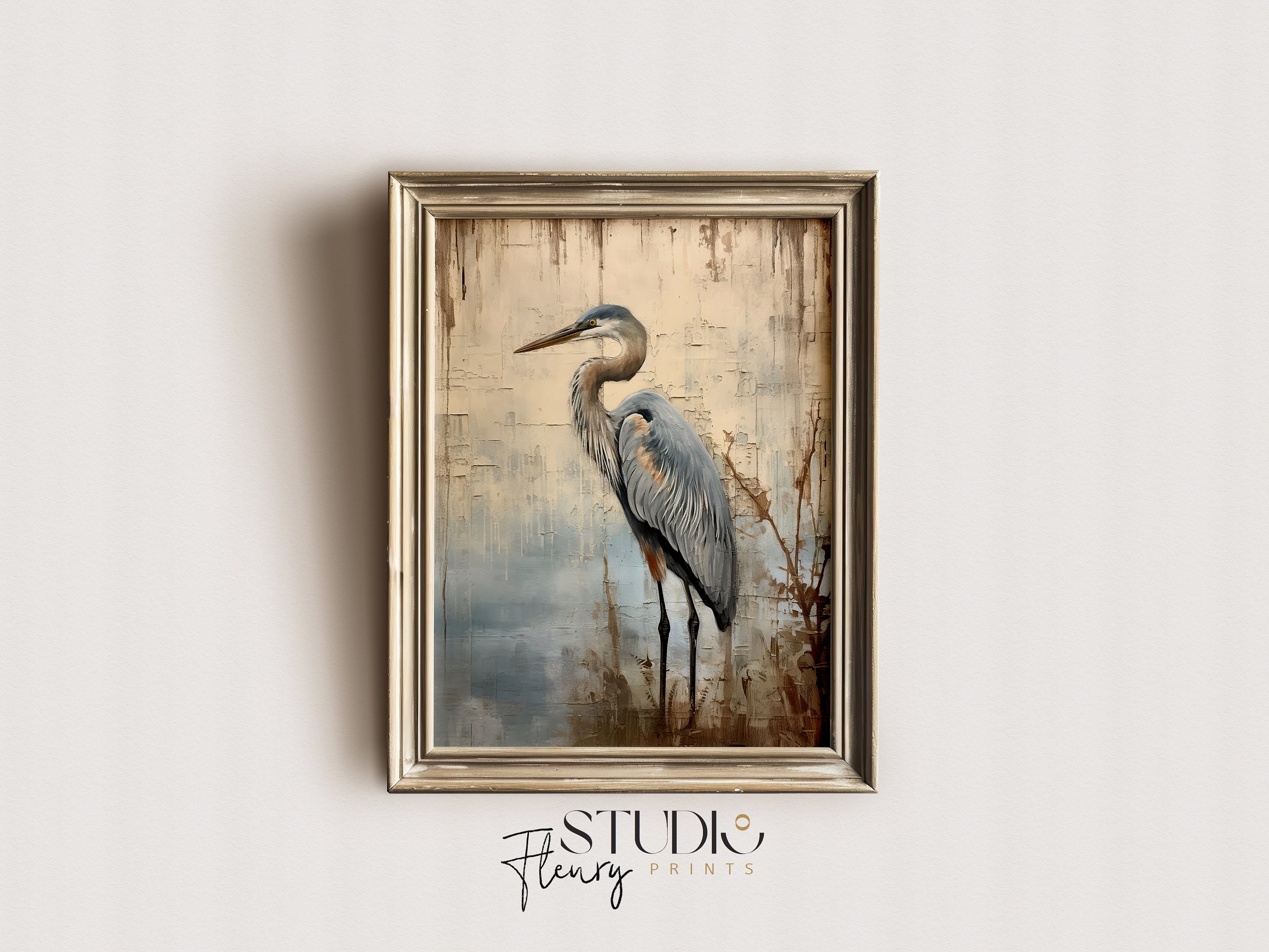 Blue Heron Oil Painting | Vintage Bird Wall Art Printable | Digital ...