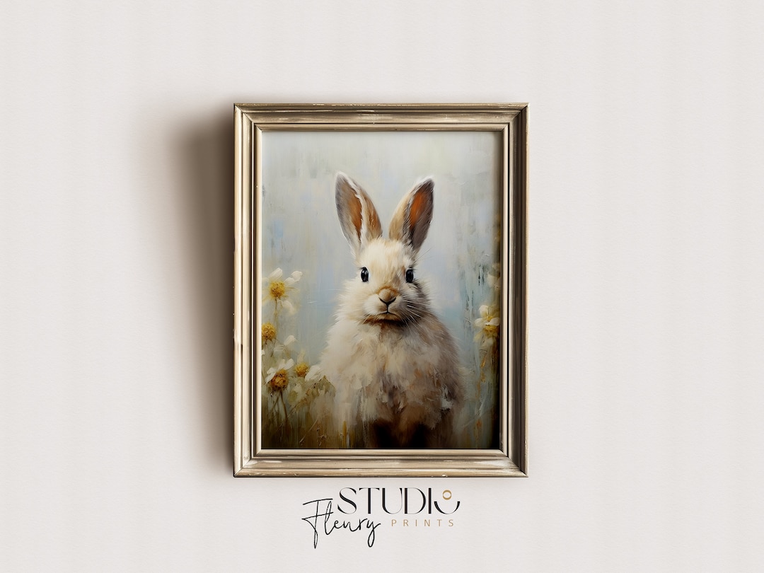 Bunny Oil Paint Art | Vintage Girl Room Rabbit Painting | Digital ...