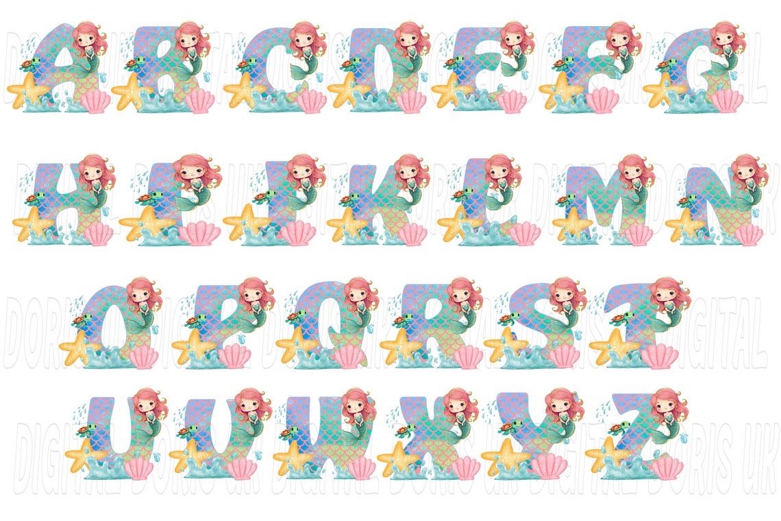 Pink Haired Mermaid Under the Sea Alphabet Set Digital Download 26 Pngs ...