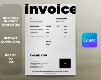 Modern Invoice Form Editable Template Printable Small Business Custom ...