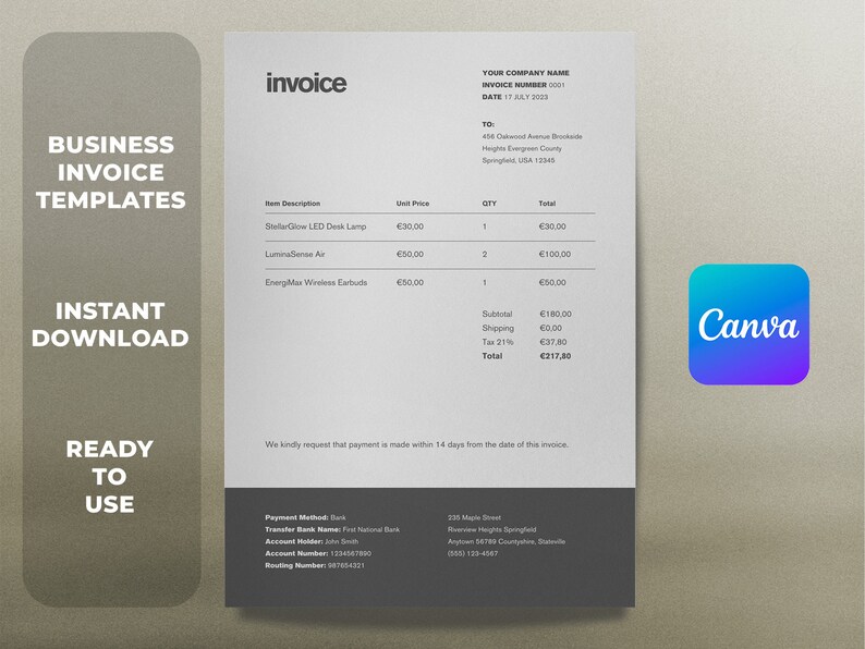 Modern Invoice Form Editable Template Printable Small Business Custom ...