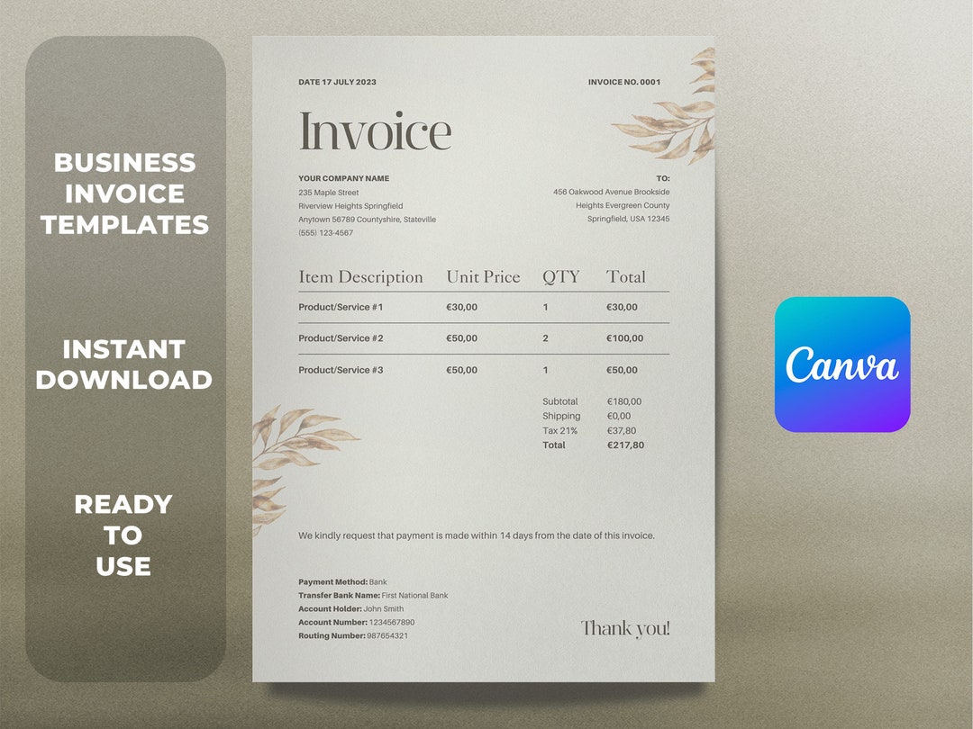 Modern Invoice Form Editable Template Printable Small Business Custom ...