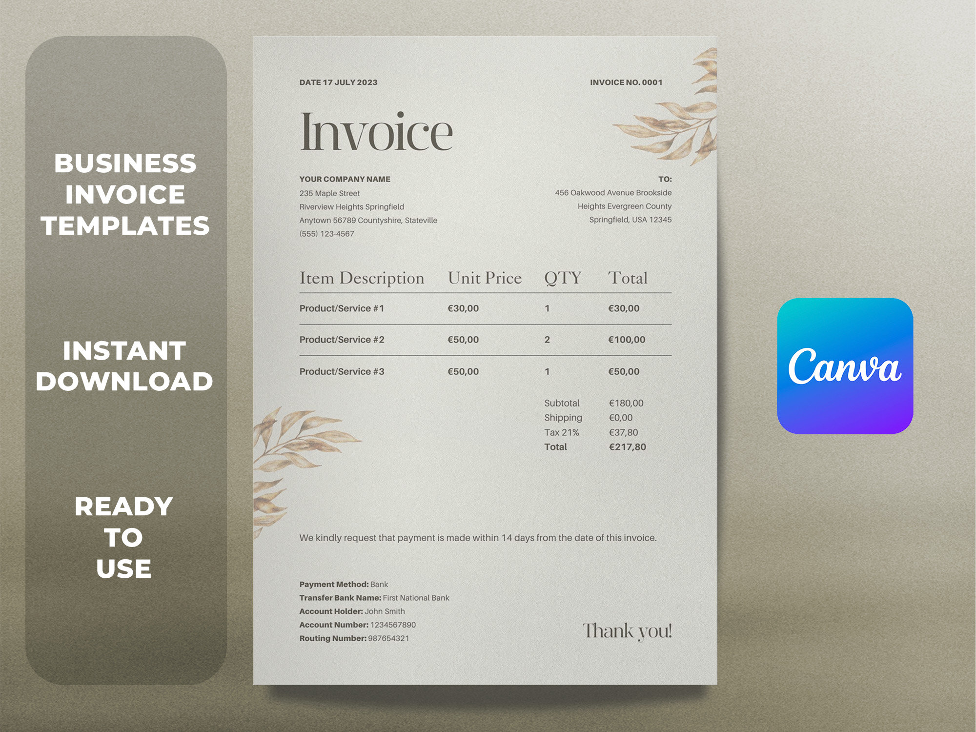 Modern Invoice Form Editable Template Printable Small Business Custom ...