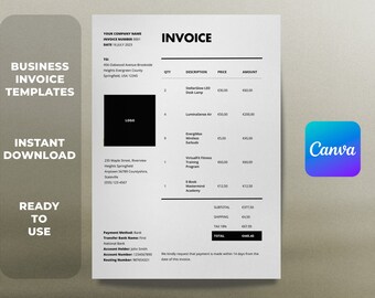 Modern Invoice Form Editable Template Printable Small Business Custom Instant Download ...