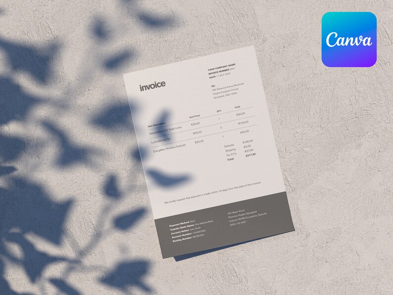 Modern Invoice Form Editable Template Printable Small Business Custom ...