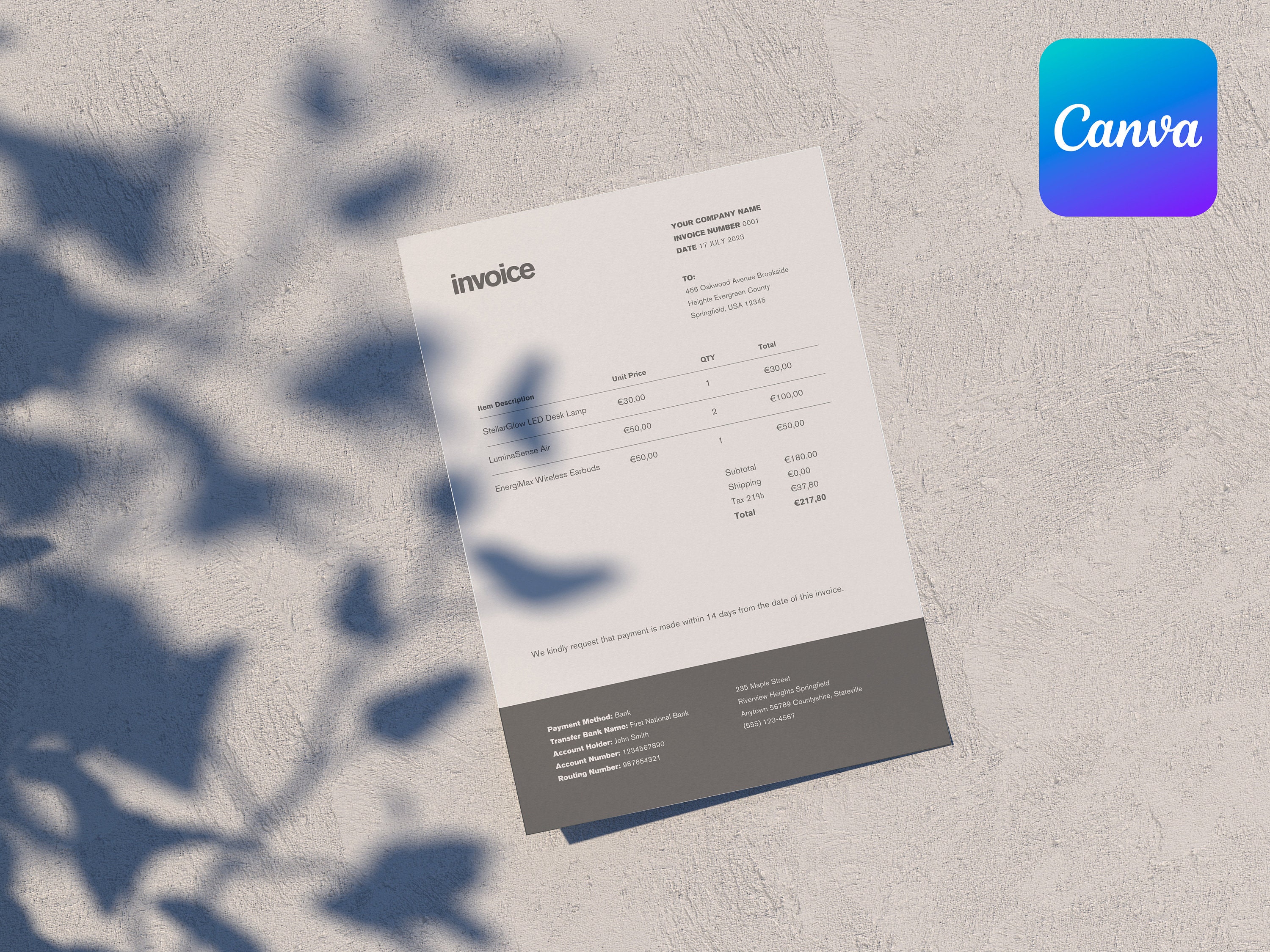 Modern Invoice Form Editable Template Printable Small Business Custom ...