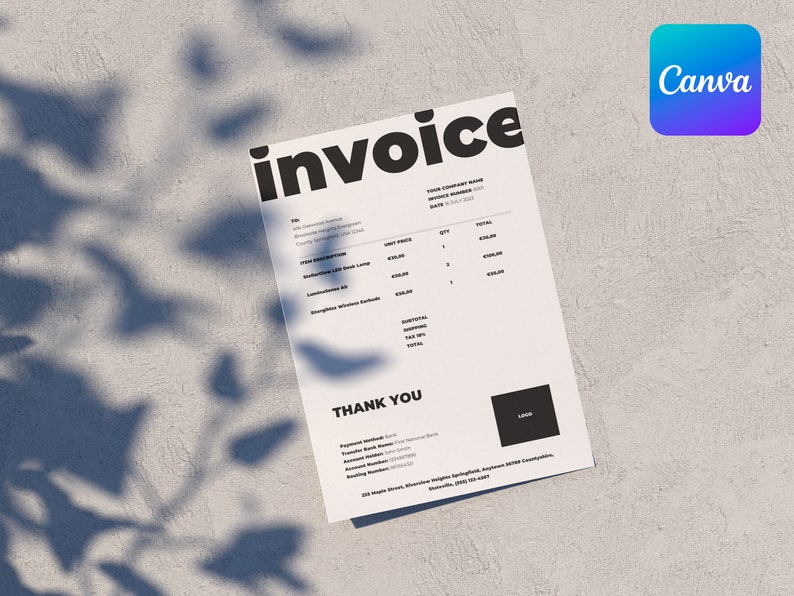 Modern Invoice Form Editable Template Printable Small Business Custom Instant Download ...