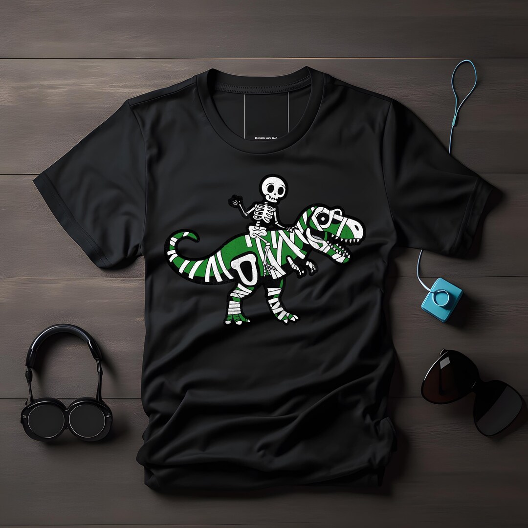 Skeletons Riding a Mummy T-rex, Funny Halloween Design, Humorous ...