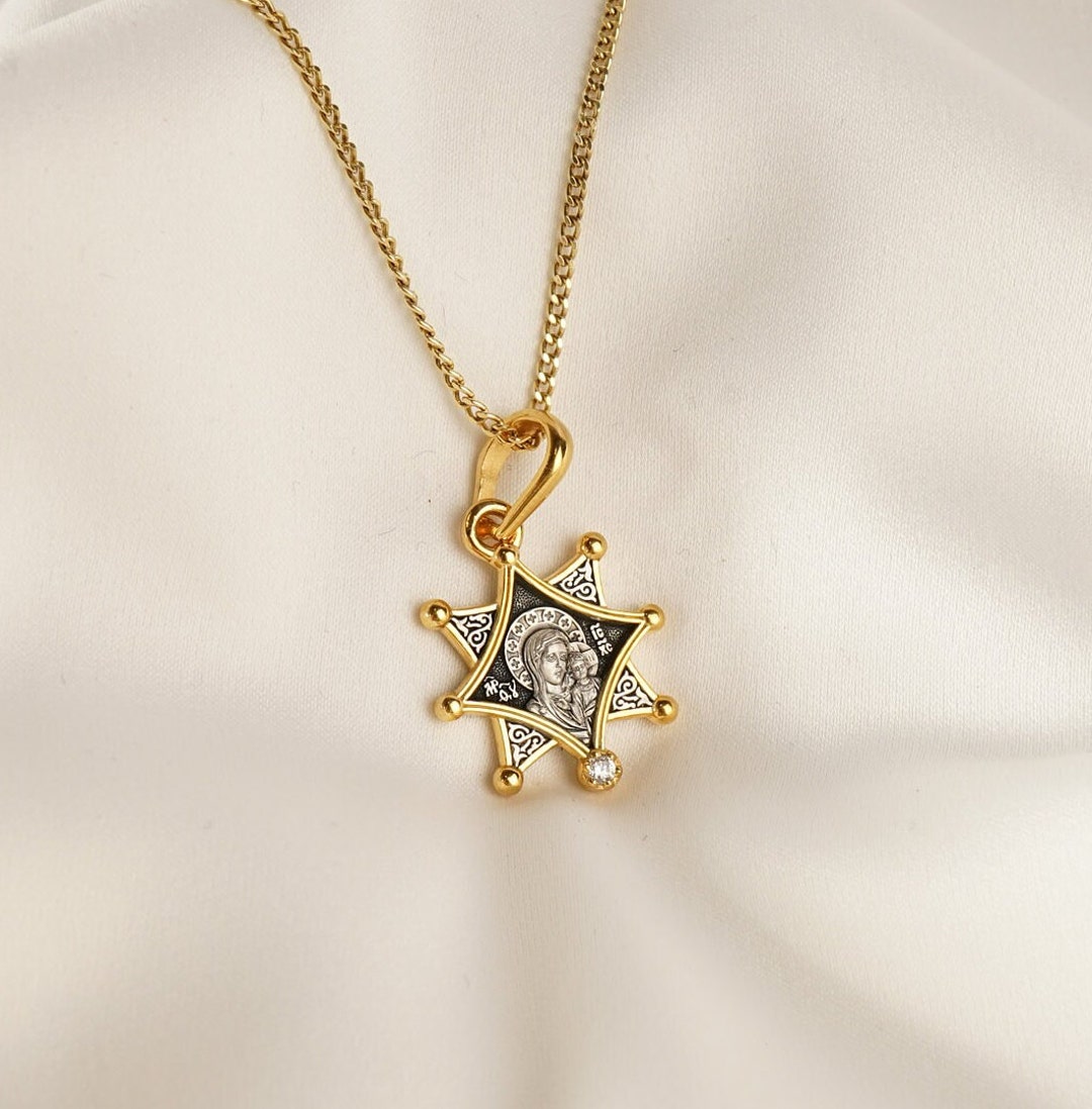 Gilded Pendant, Gilded Cross our LADY of Kazan Greek Orthodox, Silver ...