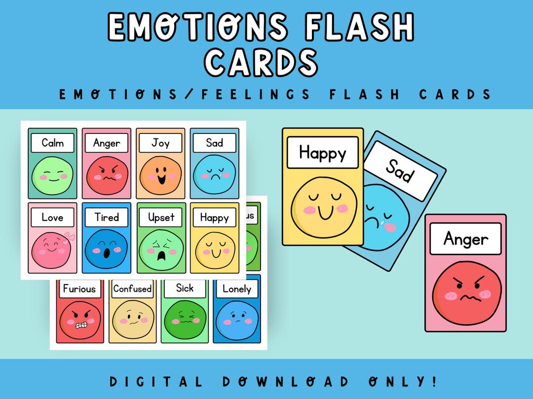 Digital Emotions Flash Cards for Kids Printable Feelings Flashcards for ...