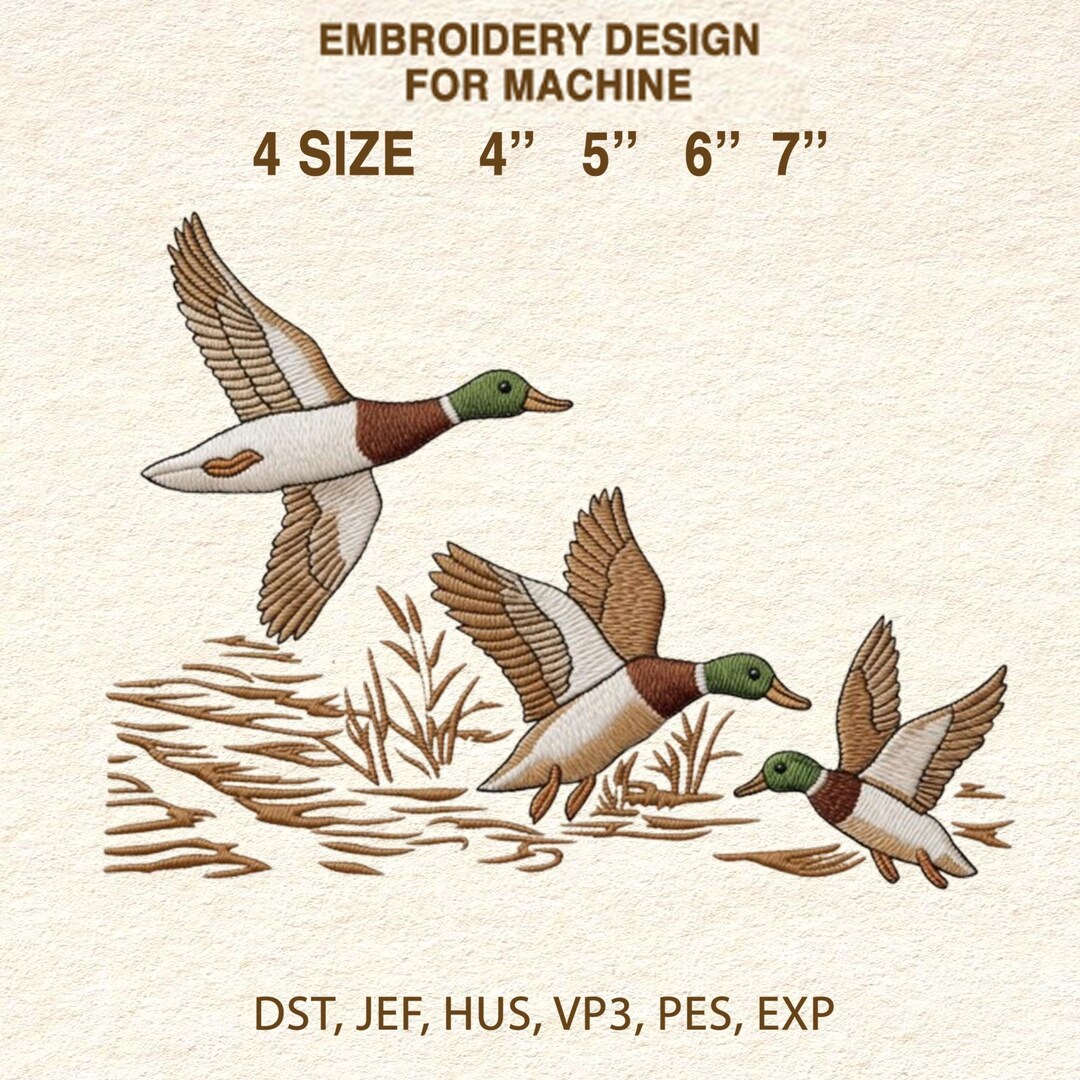 Mallard Duck Machine Embroidery Design - Flying Duck and Cattails - 4 ...