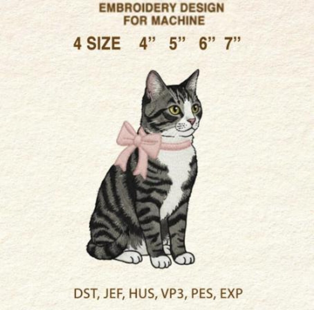 Cute Tabby Cat Machine Embroidery Design Pink Bow Kitty - Etsy