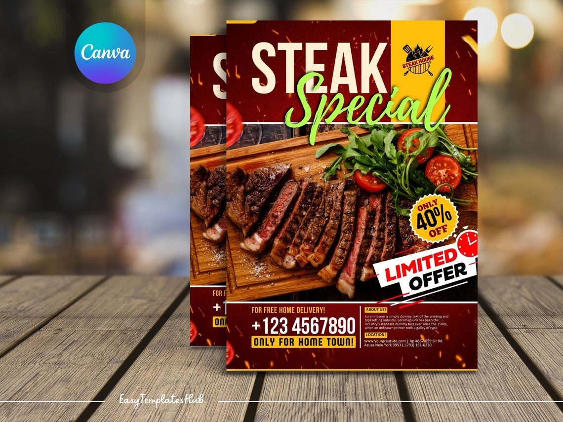 Steak Menu Flyer, Steak Special Menu, Editable Food Flyer, Restaurant ...