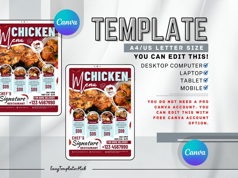 Chicken Dinner Flyer, Fry Chicken Food Menu, Editable Restaurant Menu ...