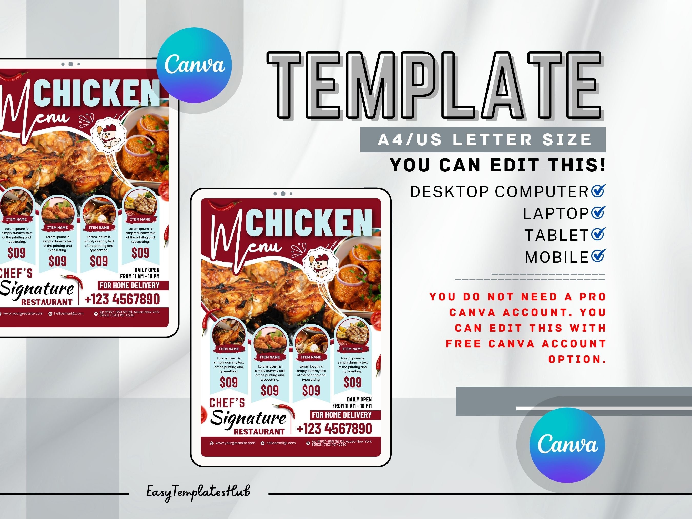 Chicken Dinner Flyer, Fry Chicken Food Menu, Editable Restaurant Menu ...