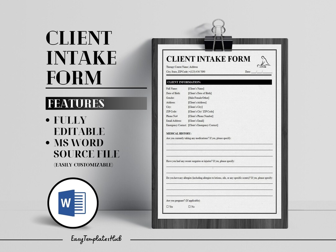 Professional Client Intake From, Facial Treatment Form, Health Client ...