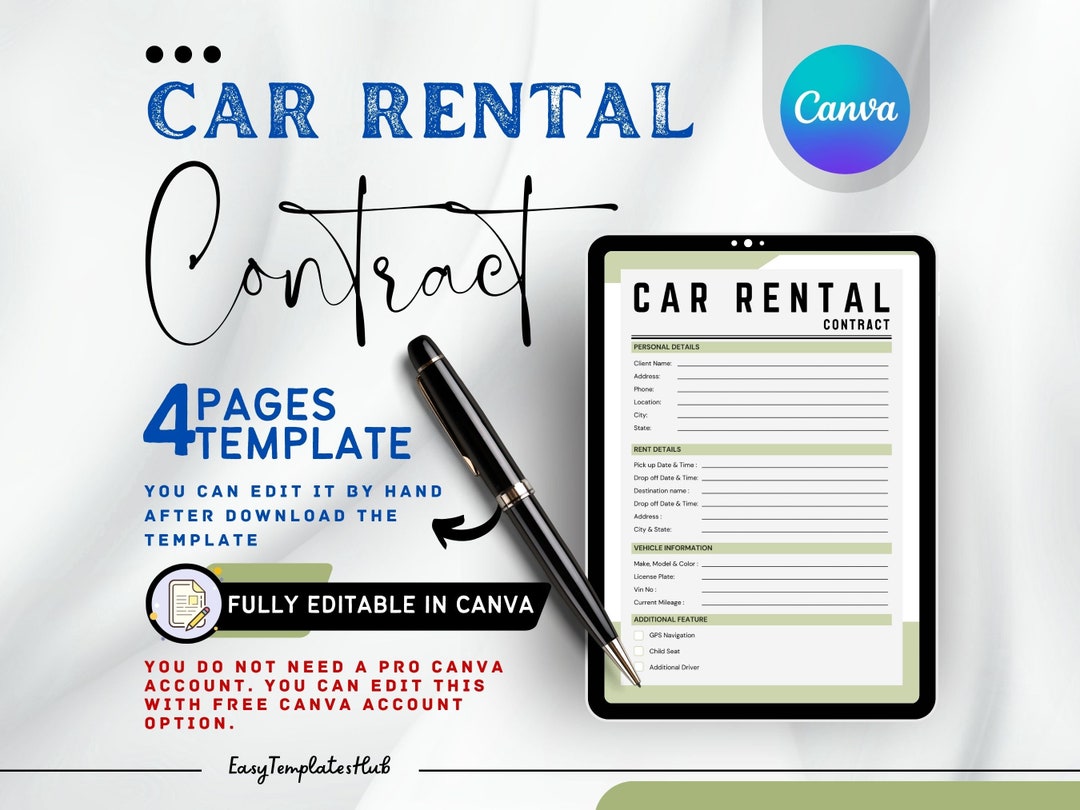 Car Rental Agreement, Vehicle Rental Agreement, Editable Contract Form ...