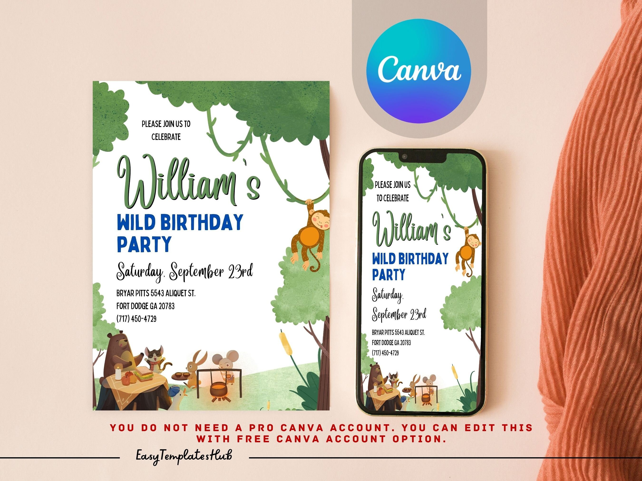 Editable Party Animals Birthday Invitation, Wild Animals Invitation ...