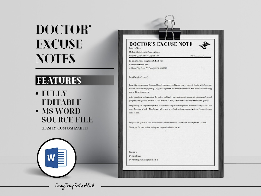 Editable Doctor Excuse Notes, Doctor Excuse Letter, Professional Doctor ...
