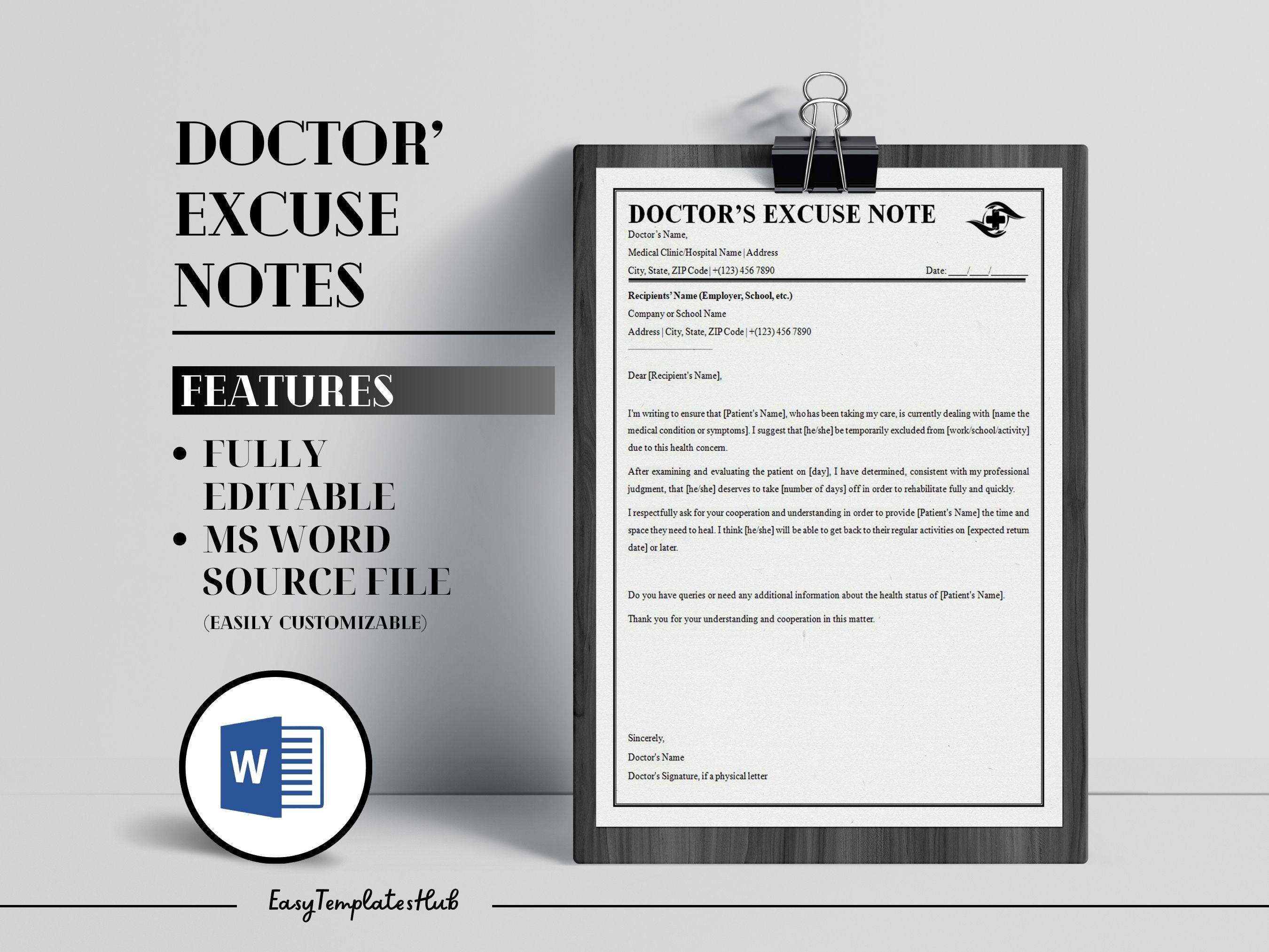 Editable Doctor Excuse Notes, Doctor Excuse Letter, Professional Doctor ...