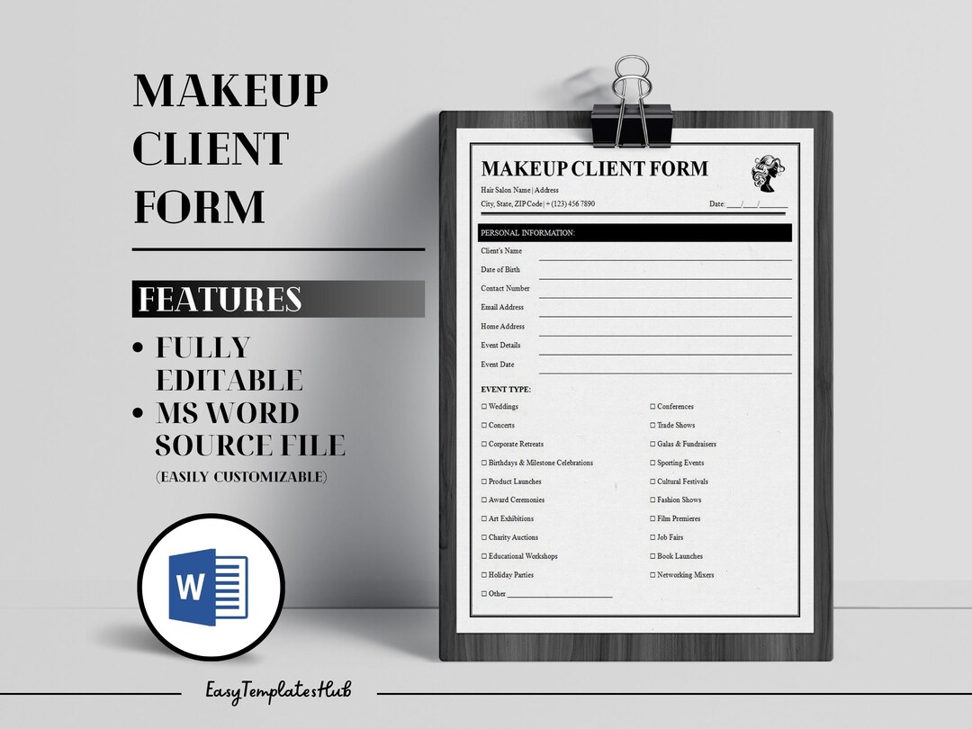 Professional Makeup Client Form, Makeup Artist Forms, Makeup Artist ...