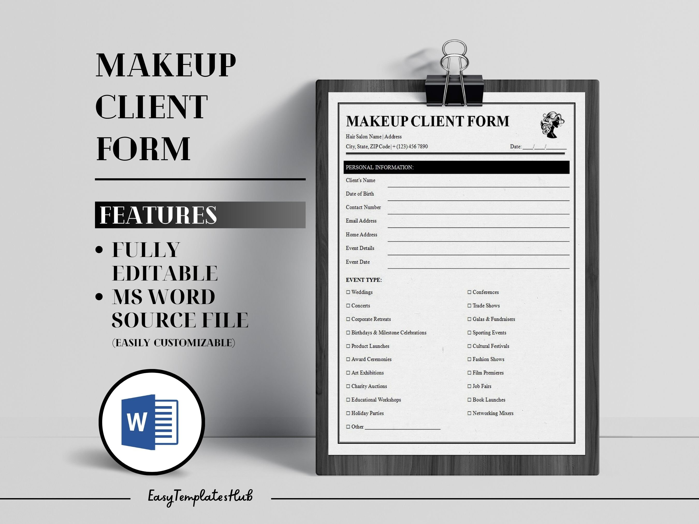 Professional Makeup Client Form, Makeup Artist Forms, Makeup Artist ...