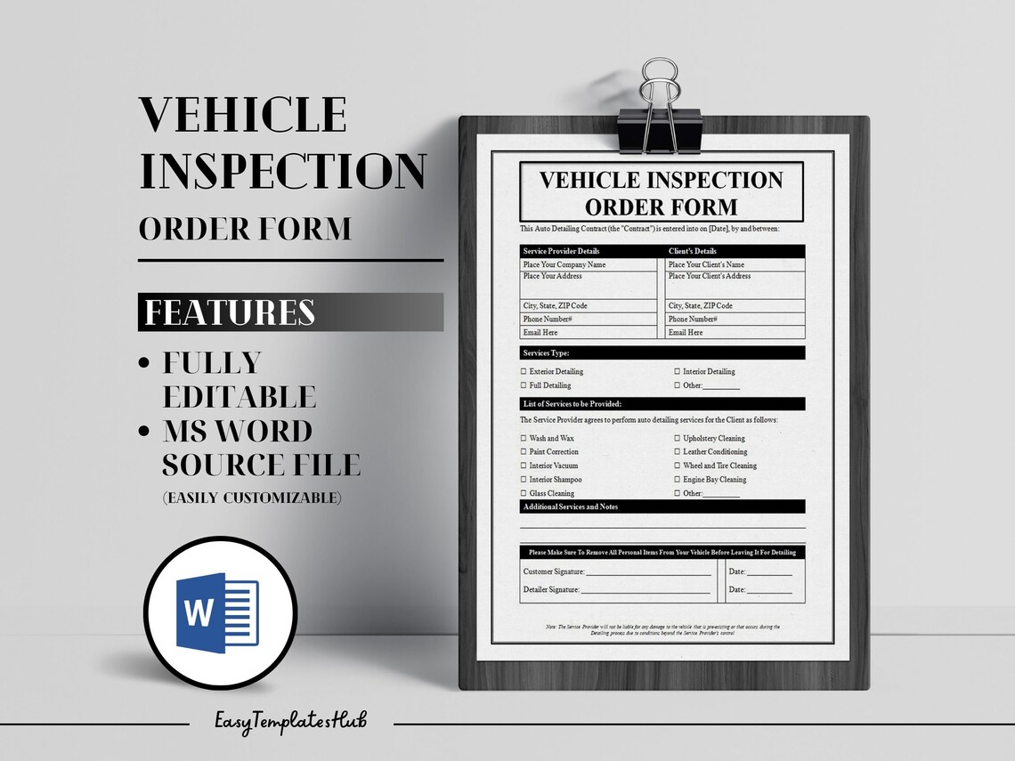 Professional Vehicle Inspection Form, Visual Inspection Form, Printable ...