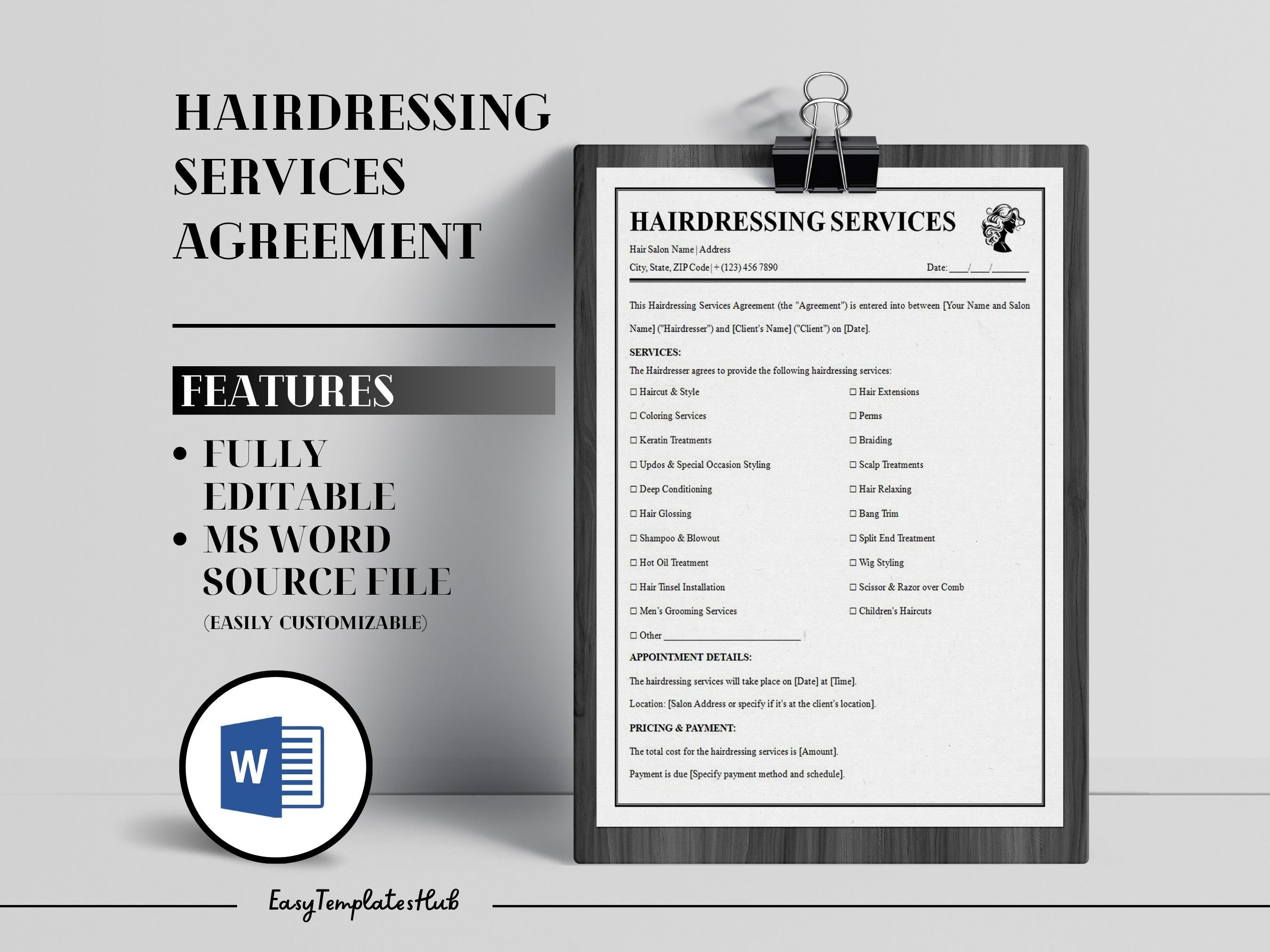 Hairdressing Service Agreement, Hairstylist Contract, Hairdressing Form ...