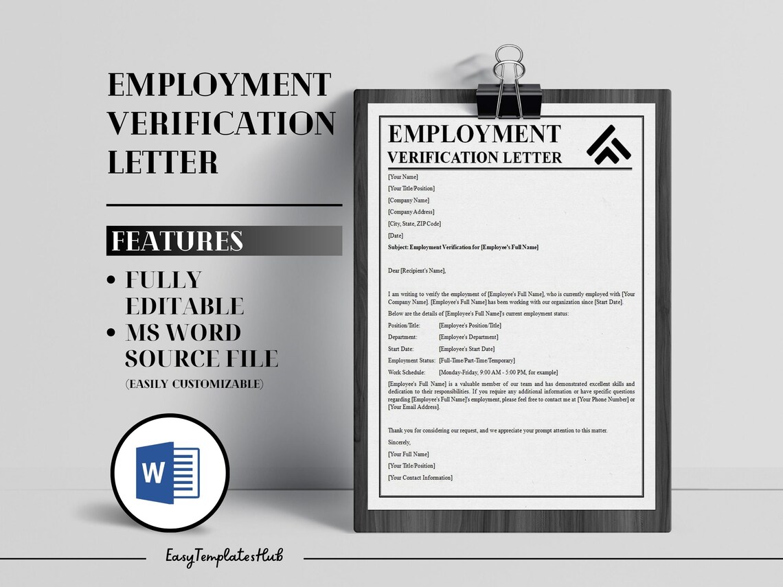 Professional Employment Verification Letter, Editable Employee ...