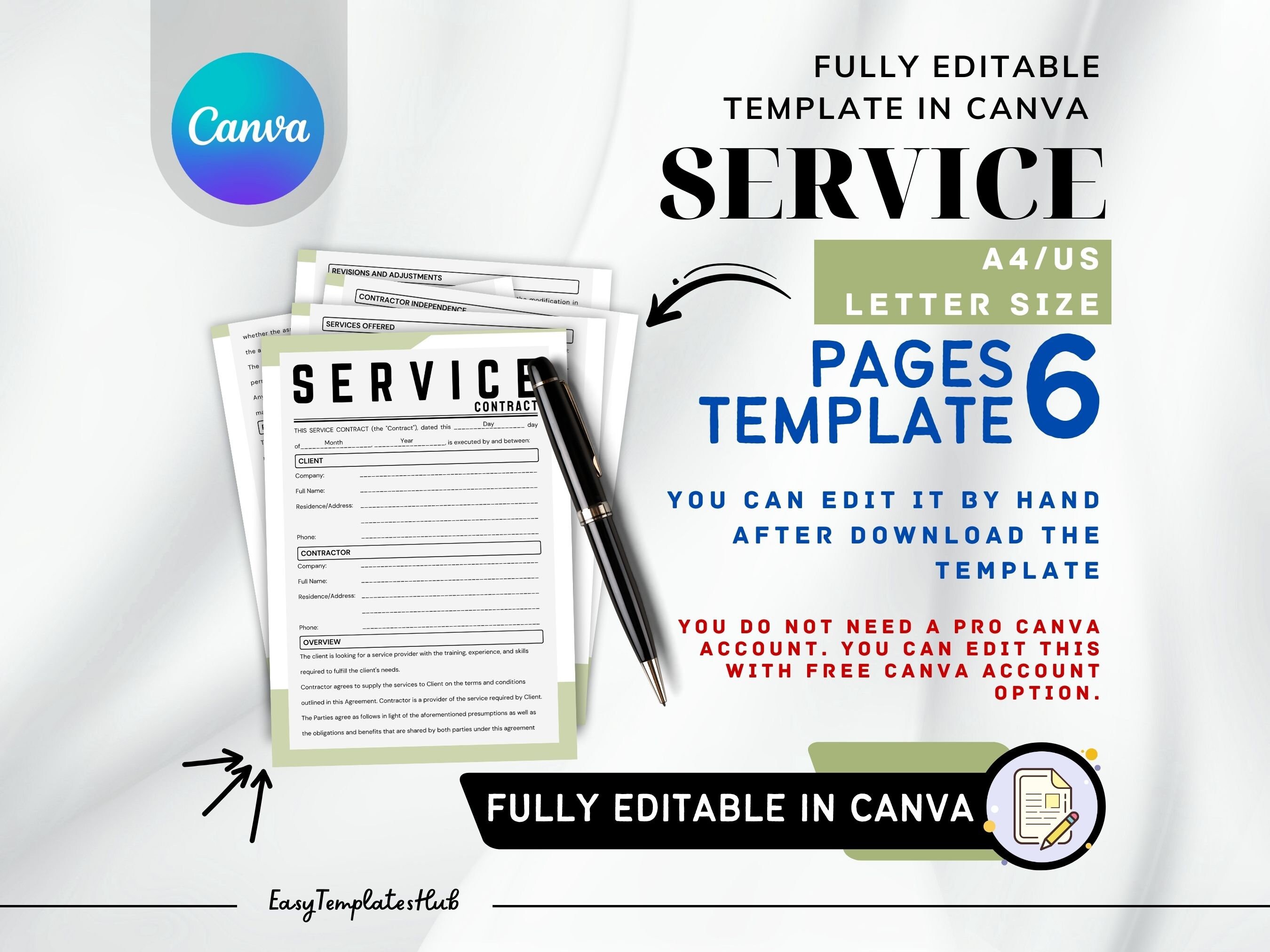 Editable Service Contract Template, Printable Service Contract Form ...