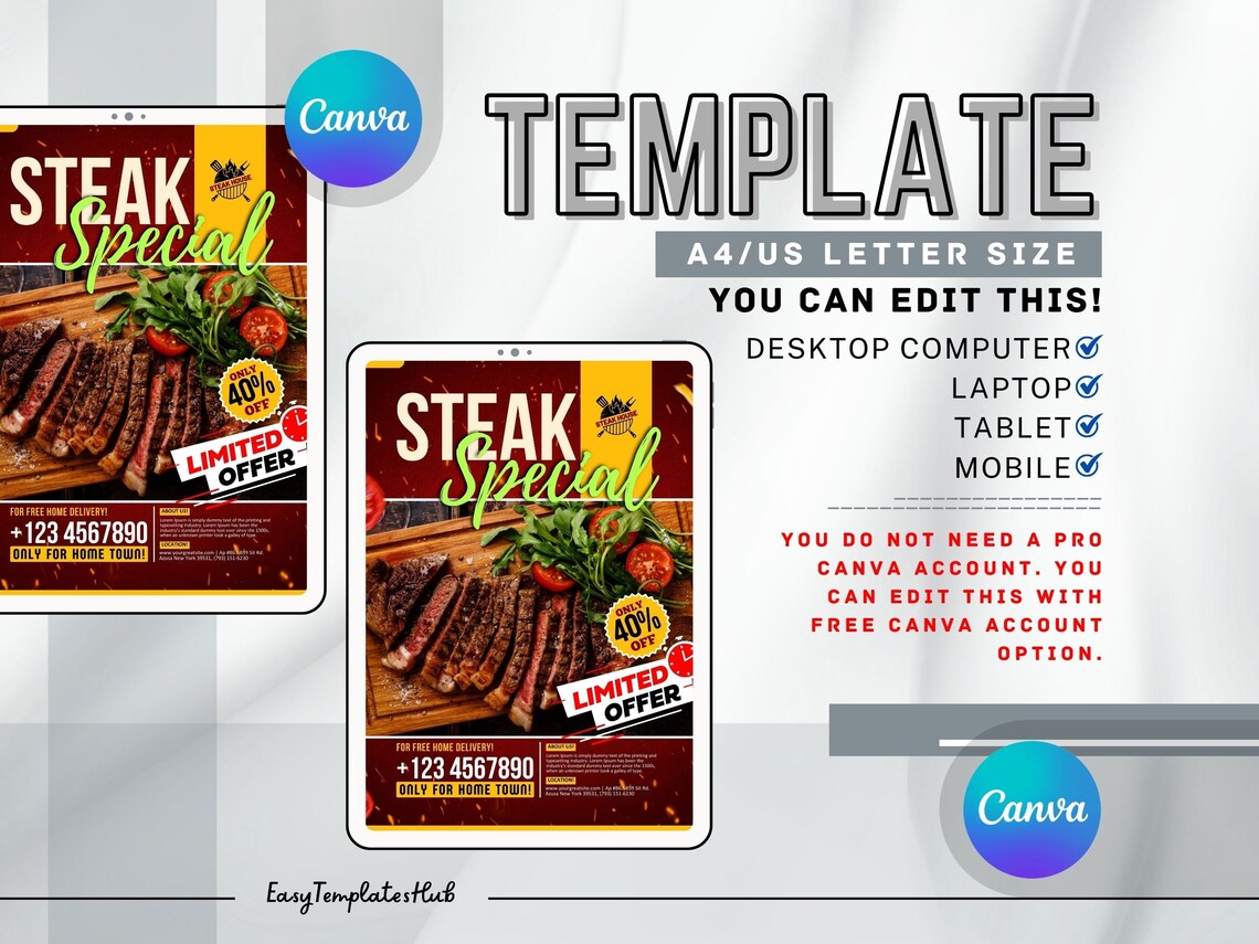 Steak Menu Flyer, Steak Special Menu, Editable Food Flyer, Restaurant ...