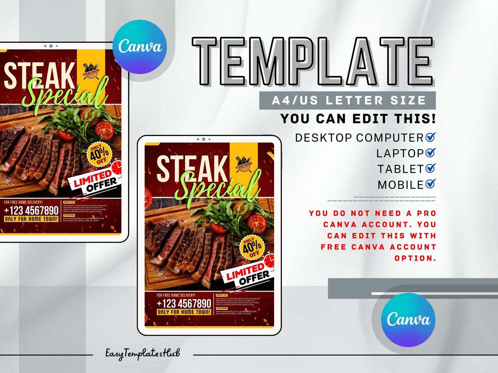 Steak Menu Flyer, Steak Special Menu, Editable Food Flyer, Restaurant ...