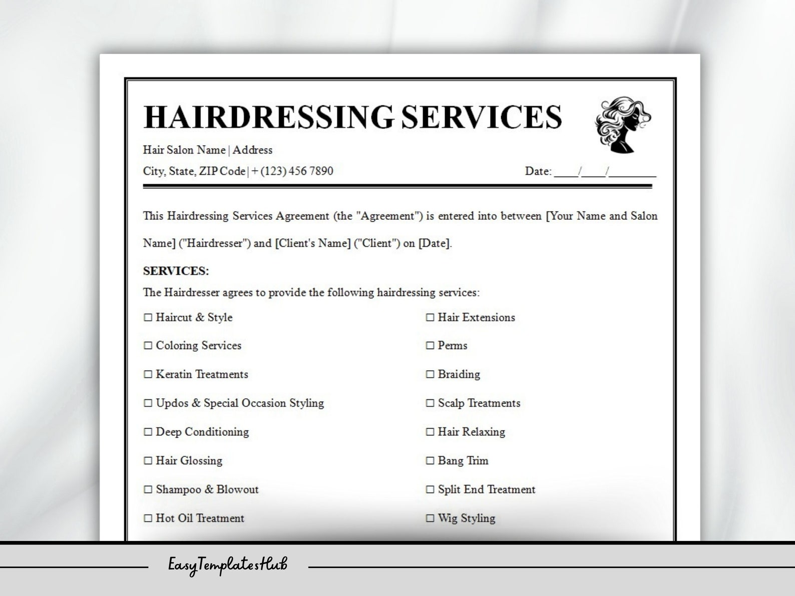Hairdressing Service Agreement, Hairstylist Contract, Hairdressing Form ...