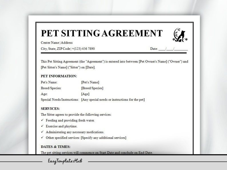 Professional Pet Sitting Agreement, Pet Sitter Contract Template ...