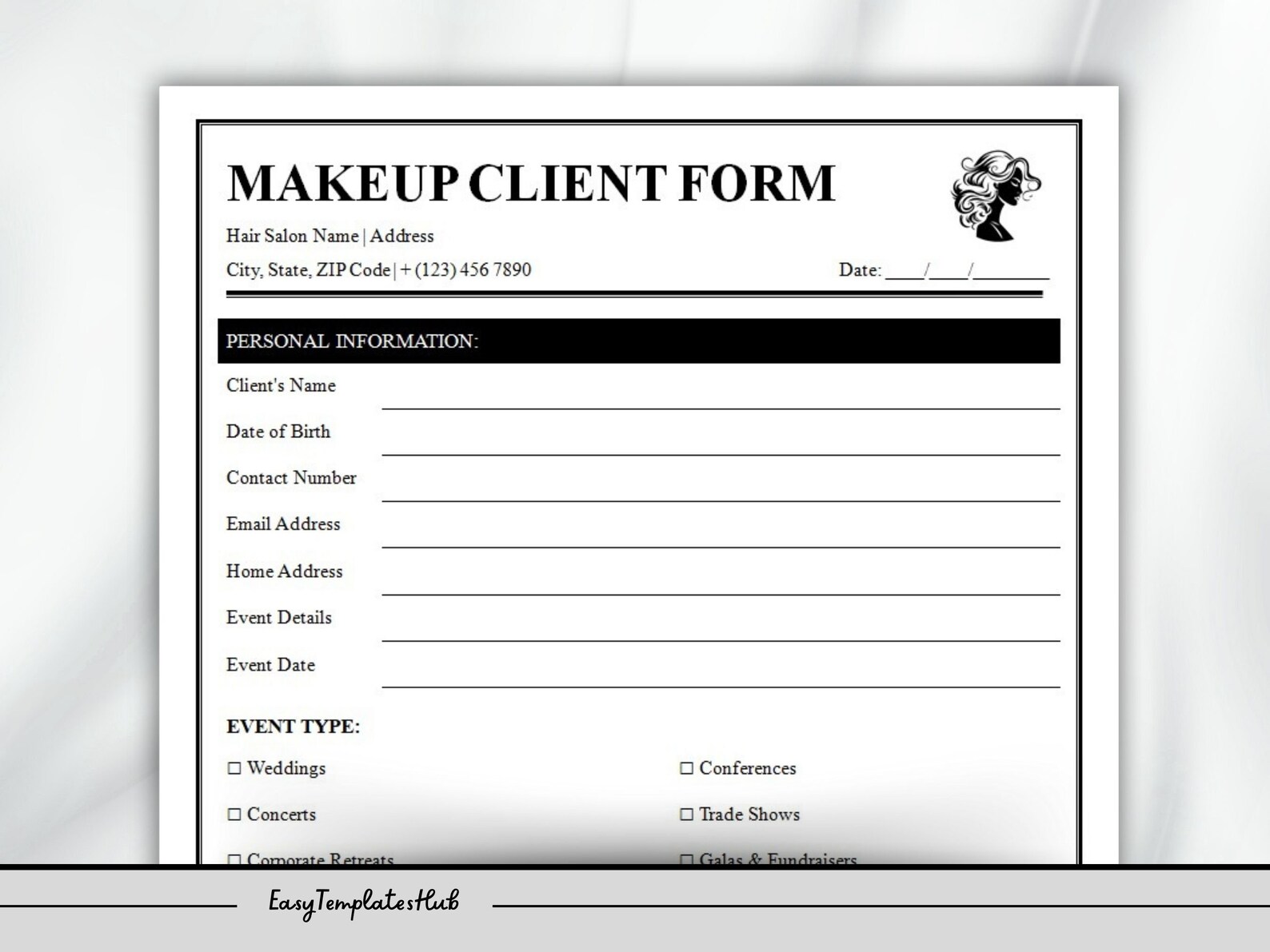 Professional Makeup Client Form, Makeup Artist Forms, Makeup Artist ...