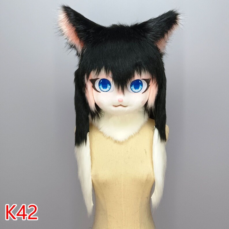 Furry Cosplay Mask Head With Black Hair Kig Kemono Mask - Etsy