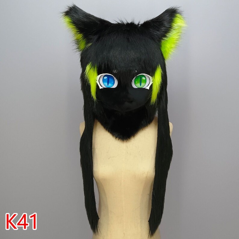 Furry Cosplay Mask Head With Black Hair Kig Kemono Mask - Etsy Australia
