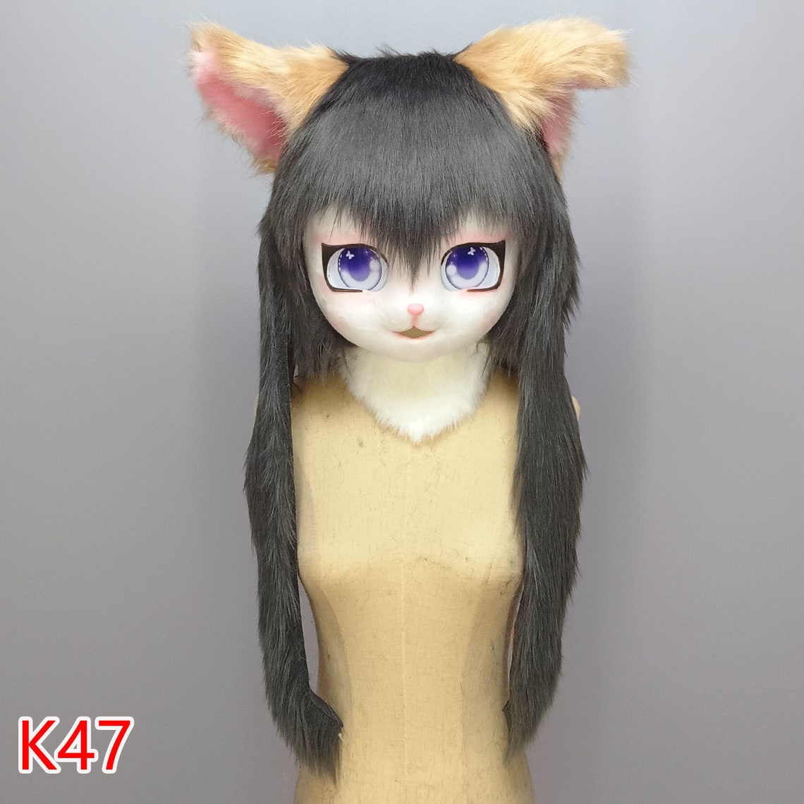 Furry Cosplay Mask Head With Black Hair Kig Kemono Mask - Etsy